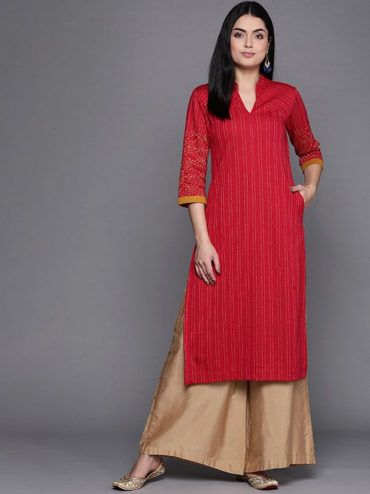 Biba Women Pink & Golden Striped Winter Kurta – Veeha Beauty
