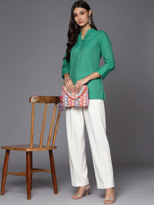 Fabindia FabBasic Green & Golden Pure Cotton Pintucks Detail Striped K ...